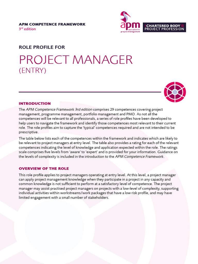 CF Role Profile Project Manager Entry Final 2 | PDF | Governance | Risk