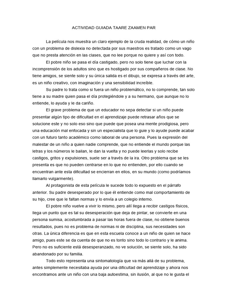 Actividad Guiada Taare Zaamen Par | PDF | Autoestima | Las emociones