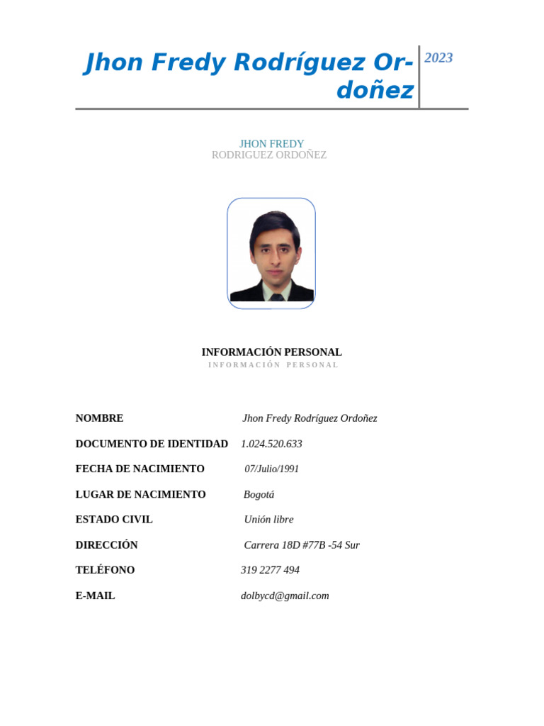 Hoja de Vida Jhon Fredy Rodriguez Ordoñez Cuidador | PDF | Sicología
