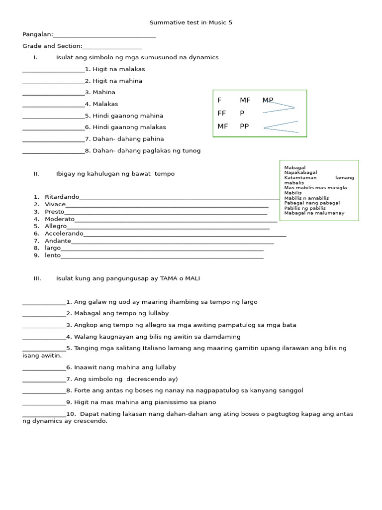 Summative Test Music | PDF