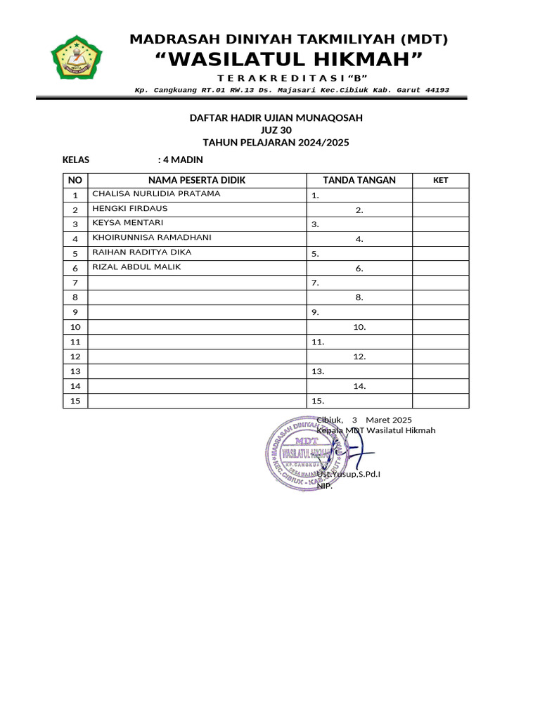 Daftar Hadir Ujian Praktek | PDF