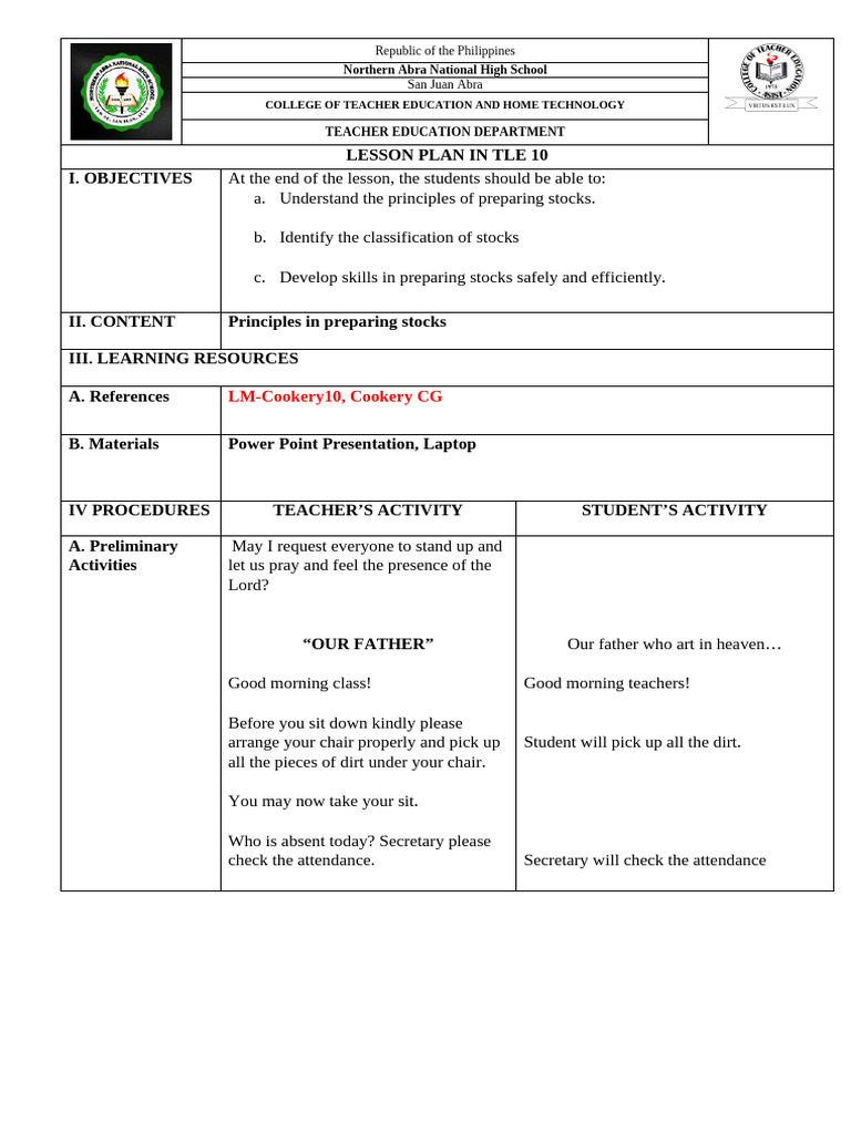 LESSON-PLAN2-Principles of Preparing Stocks-NANHS | PDF | Stock (Food ...