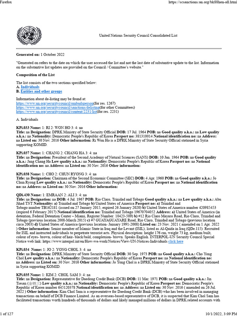 UN Sanction Consol List 20221001 | PDF | Afghanistan | Taliban