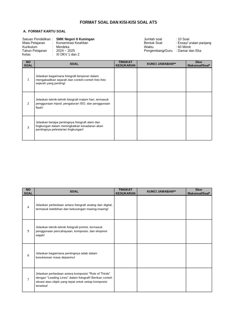 Soal Ats Eka Dan Damar Xi Dkv 1 Dan 2 | PDF