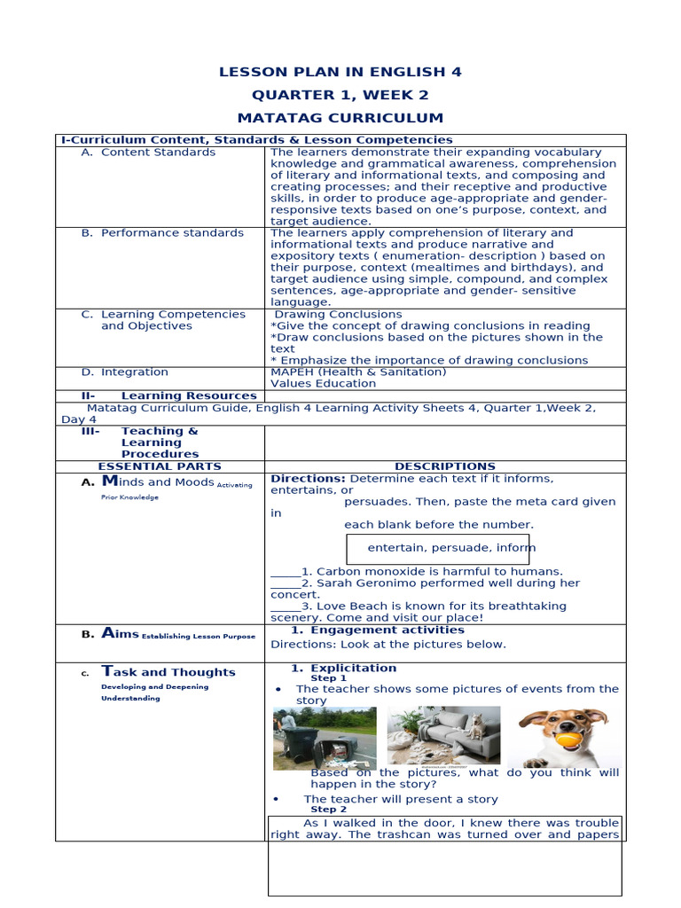 English 4 Lesson Plan: Quarter 1, Week 2 | PDF | Reading Comprehension ...