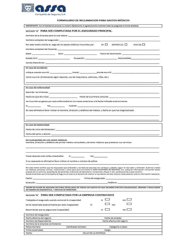 Formulario de Reclamo de Gastos Medicos ASSA | PDF | Póliza de seguros | Seguro