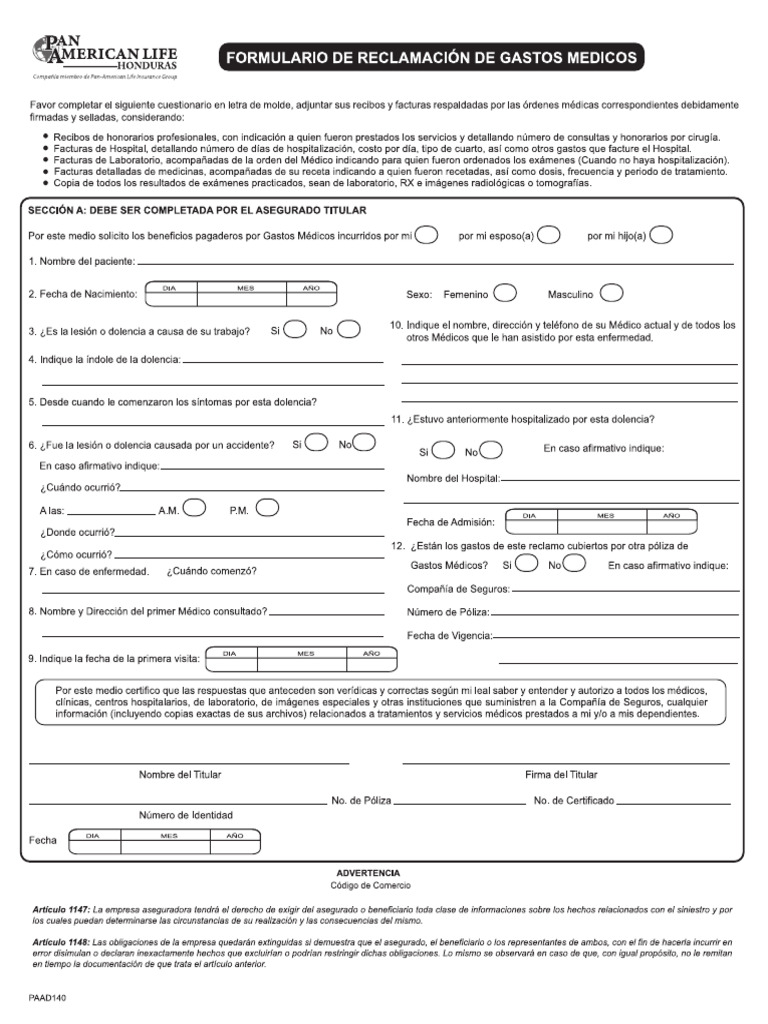 Honduras - Formularios - Solicitud de Reclamo - Gastos Medicos | PDF ...