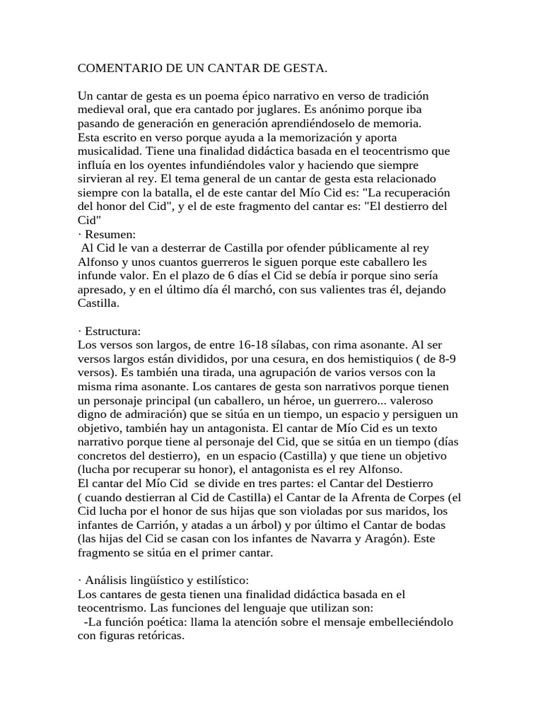 Comentario de Un Cantar de Gesta | PDF