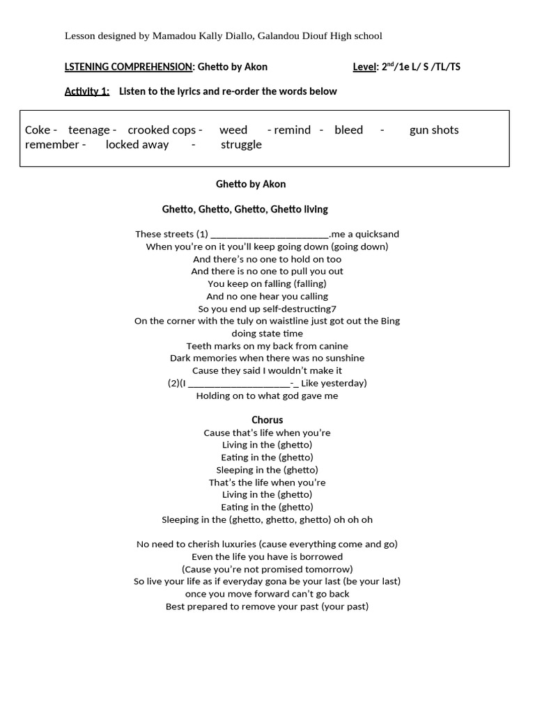 Akon Ghetto Lyrics Listening Lesson | PDF