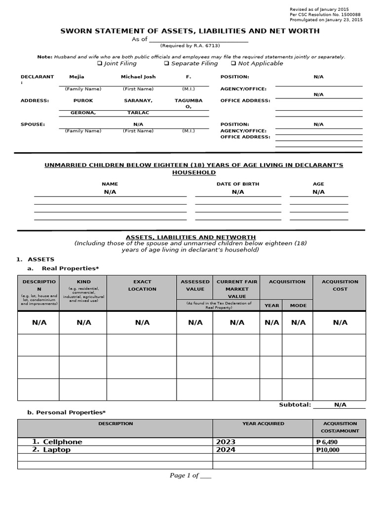 Sworn Statement of Assets and Liabilities | PDF | Net Worth | Business