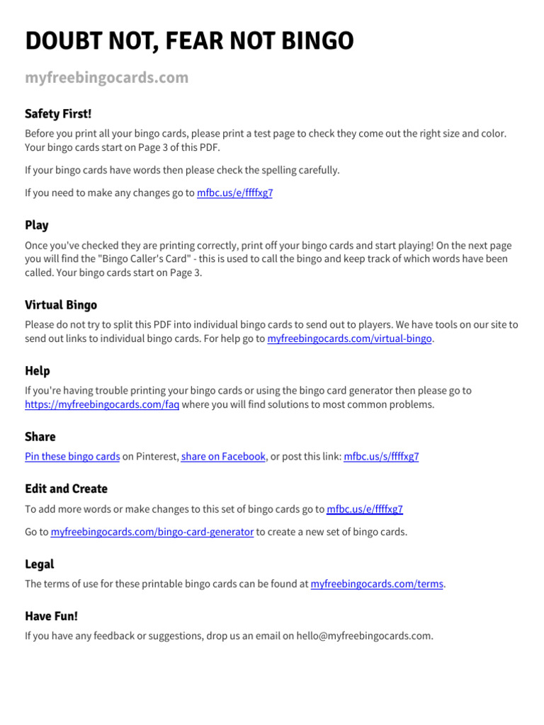 Fear Not Bingo Card Instructions | PDF