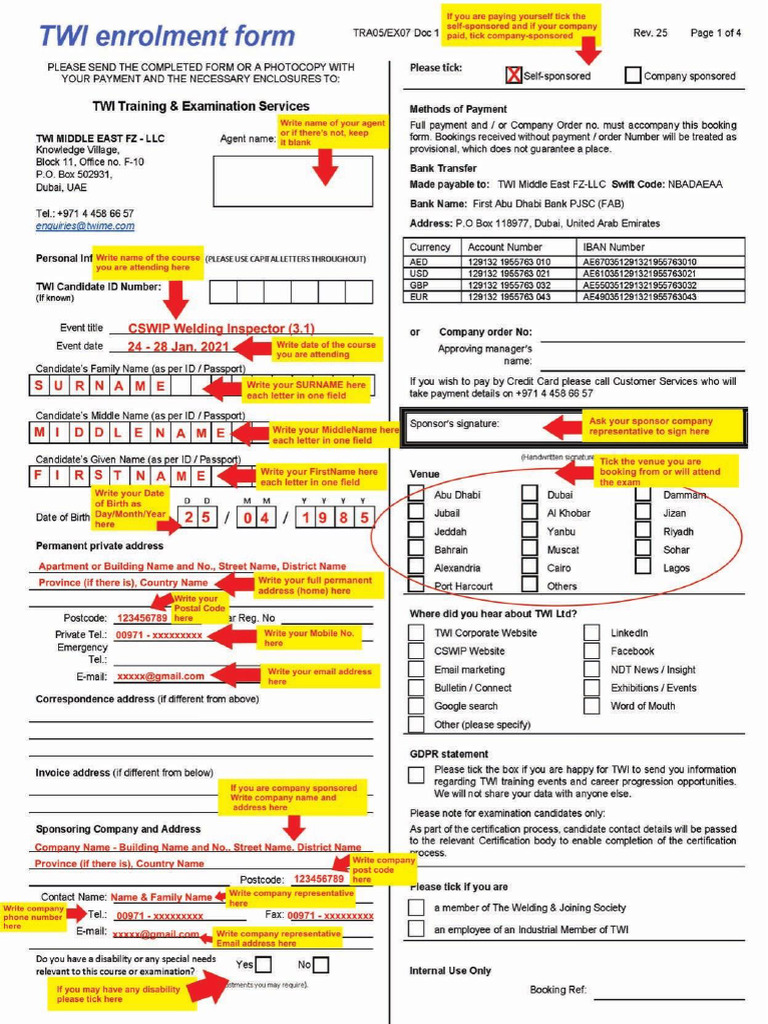 02 TWI Enrolment Form - (Filled Sample For CSWIP 3.1) | PDF