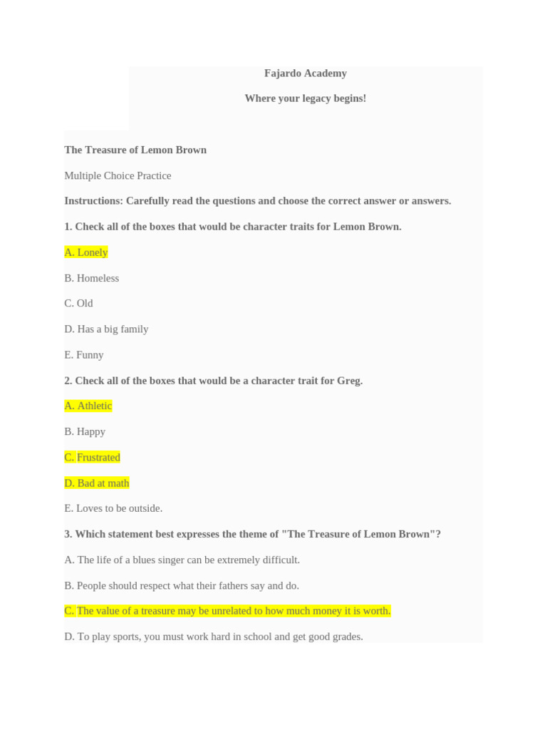 Treasure of Lemon Brown: Quiz & Themes | PDF | Multiple Choice