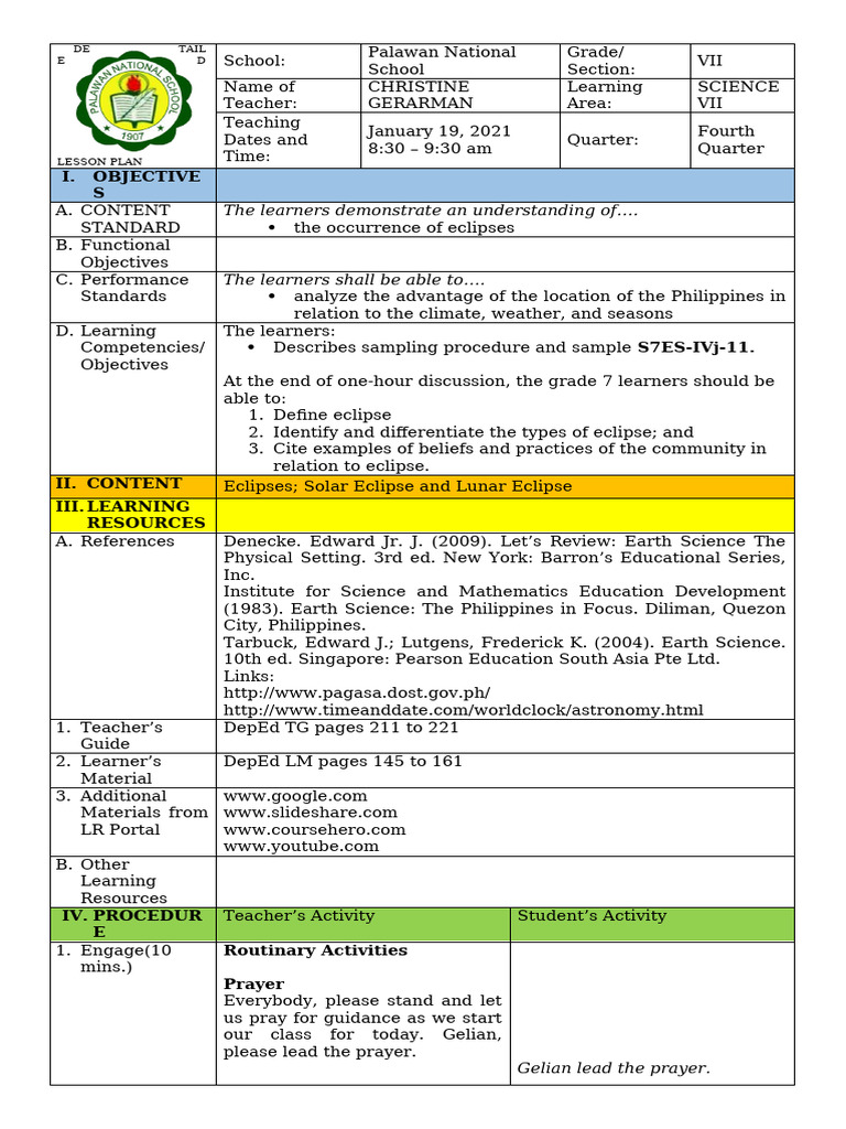 GERARMAN - DLP For F2F DEMO TEACHING | PDF | Eclipse | Astronomy