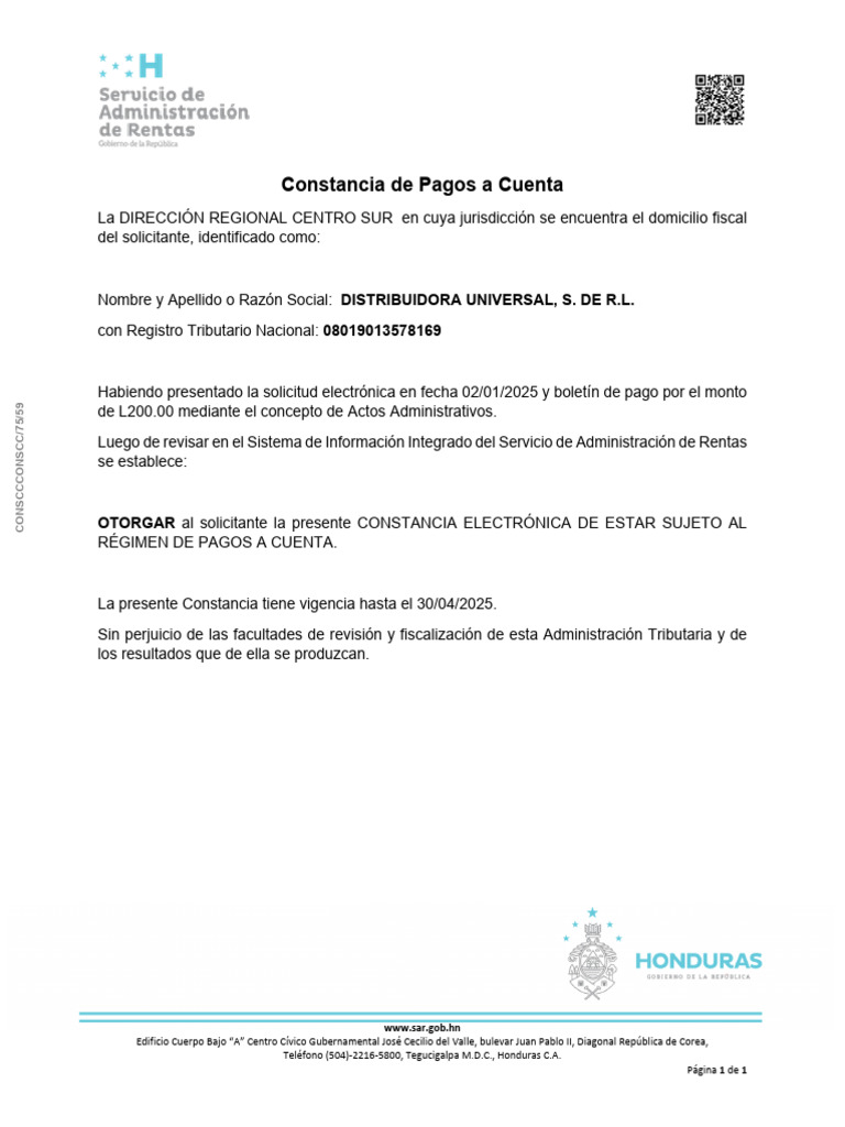 Constancia de Pagos A Cuenta Distribuidora Universal | PDF