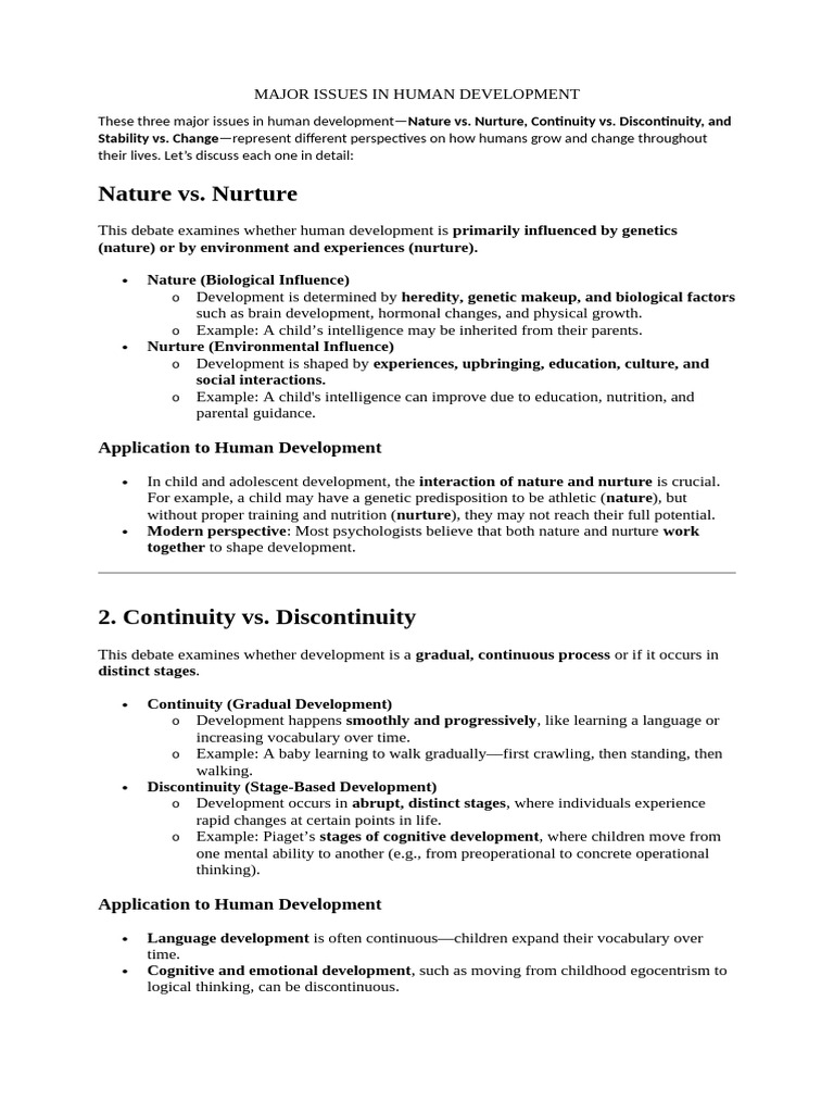 Major Issues in Human Development | PDF | Nature Versus Nurture | Learning