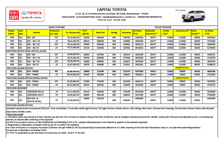 Toyota Fortuner Price List 2025 | PDF | Accounts Payable | Cars Of Japan