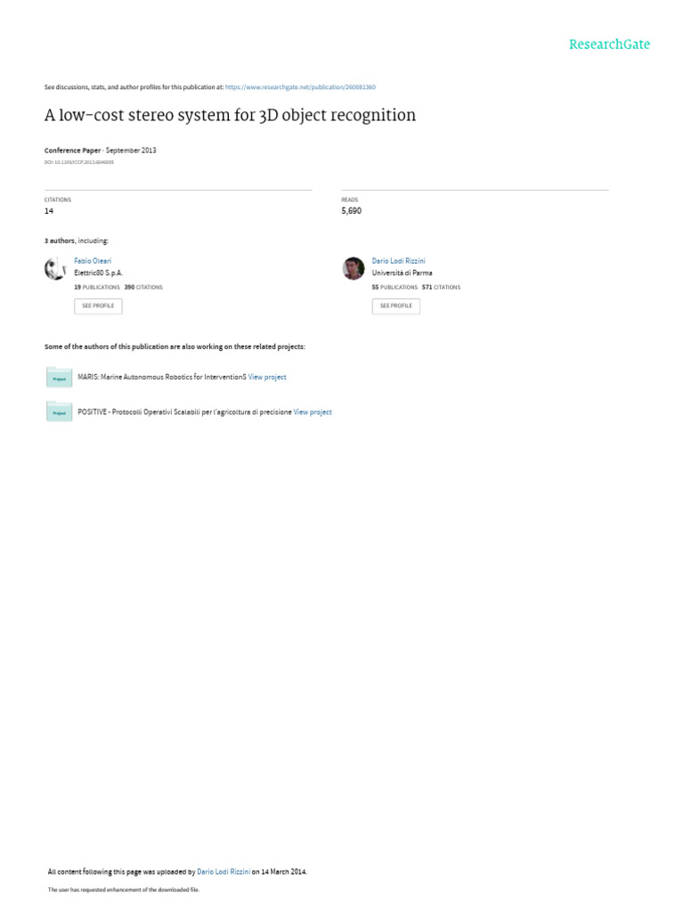 A Low-Cost Stereo System For 3D Object Recognition | PDF | Imaging | Computer Vision