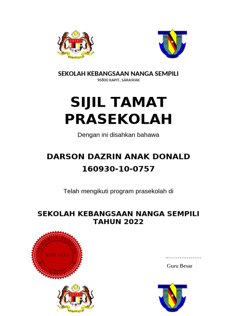 SIJIL TAMAT PRASEKOLAH TAHUN 2022 | PDF