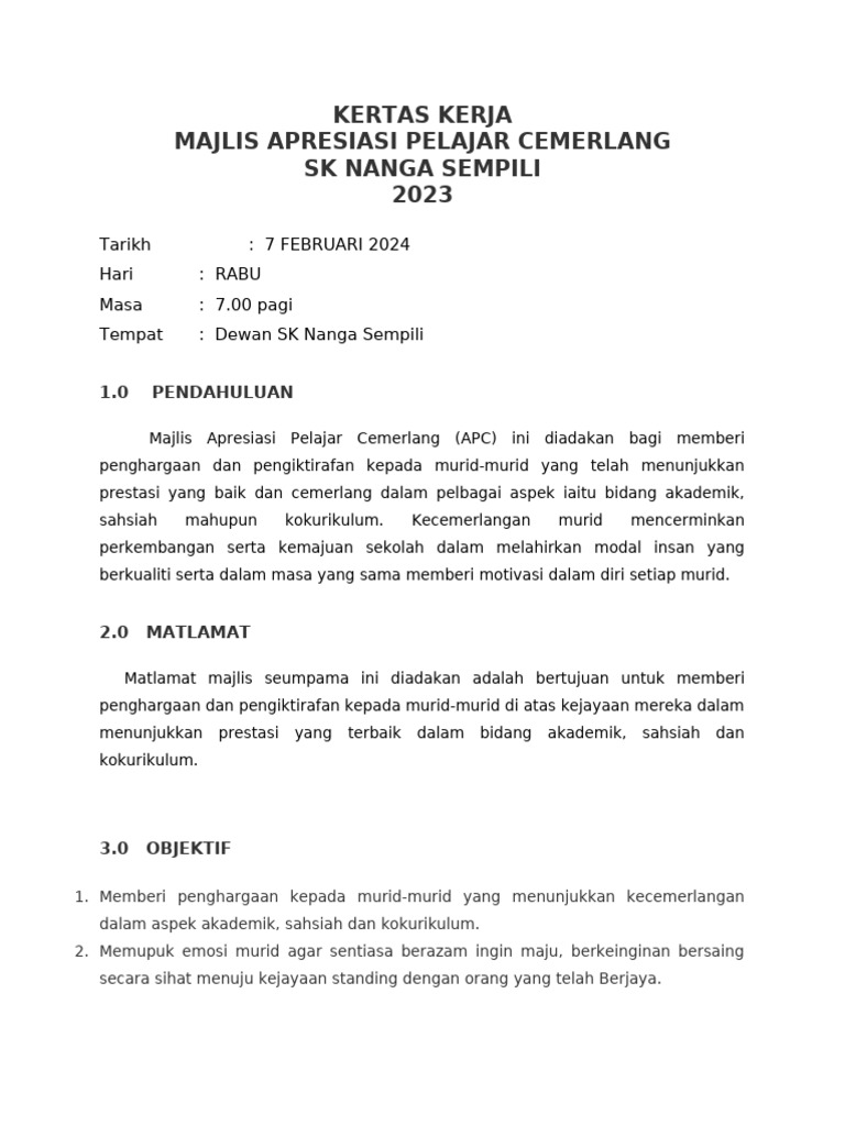 KERTAS KERJA MAJLIS APC Dan Graduasi 2023 | PDF