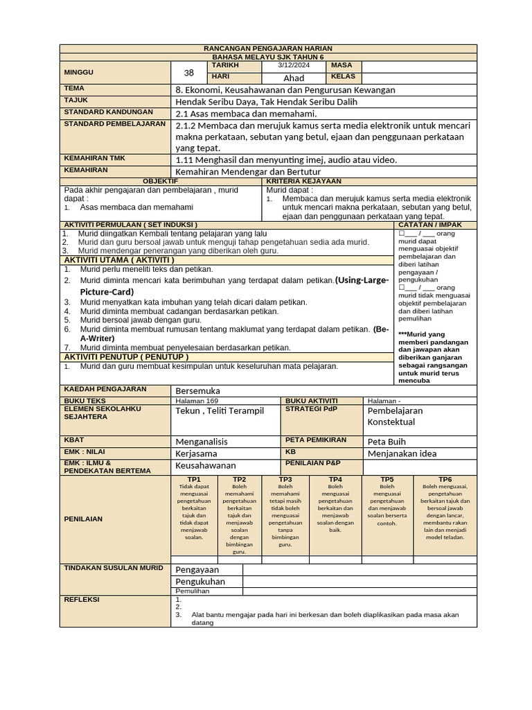 RPH Minggu 38 BM SJK THN 6 2024 by Cikgu Gorgeous | PDF