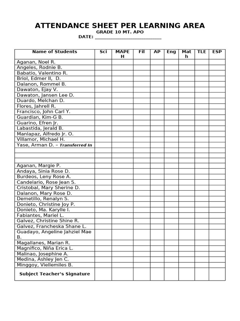 Monthly Attendance Register - Grade 10 | PDF