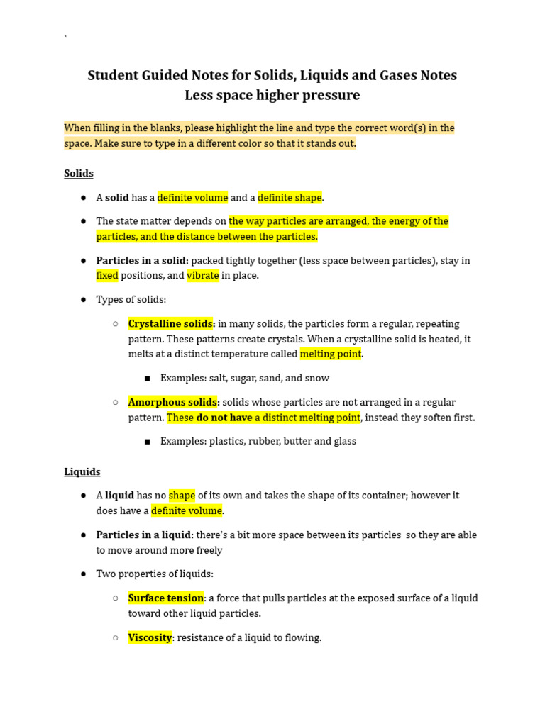 Student Guided Notes For Solids, Liquids and Gases Notes | PDF | Gases ...