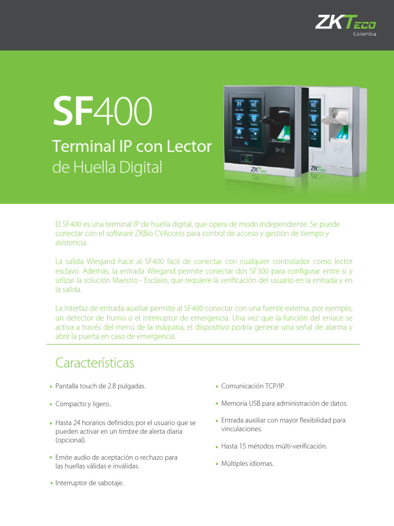 ZKTeco Colombia Control de Acceso Huella SF400 Ficha Tecnica | PDF | Cambiar | Protocolos de ...