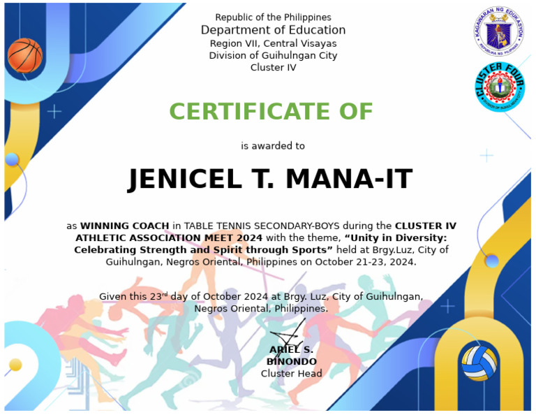 CERT FOR Recog For Winning Cooach | PDF