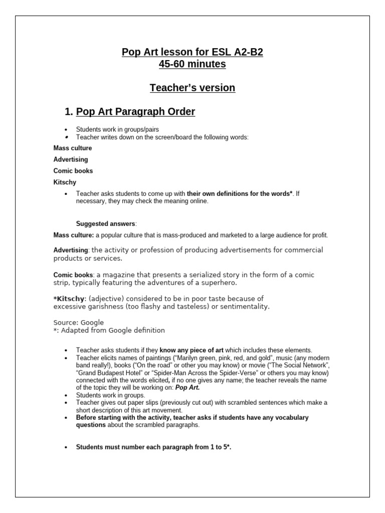 ESL A2-B2 - Pop Art - 45-60 Min Lesson | PDF | Paintings | The Arts