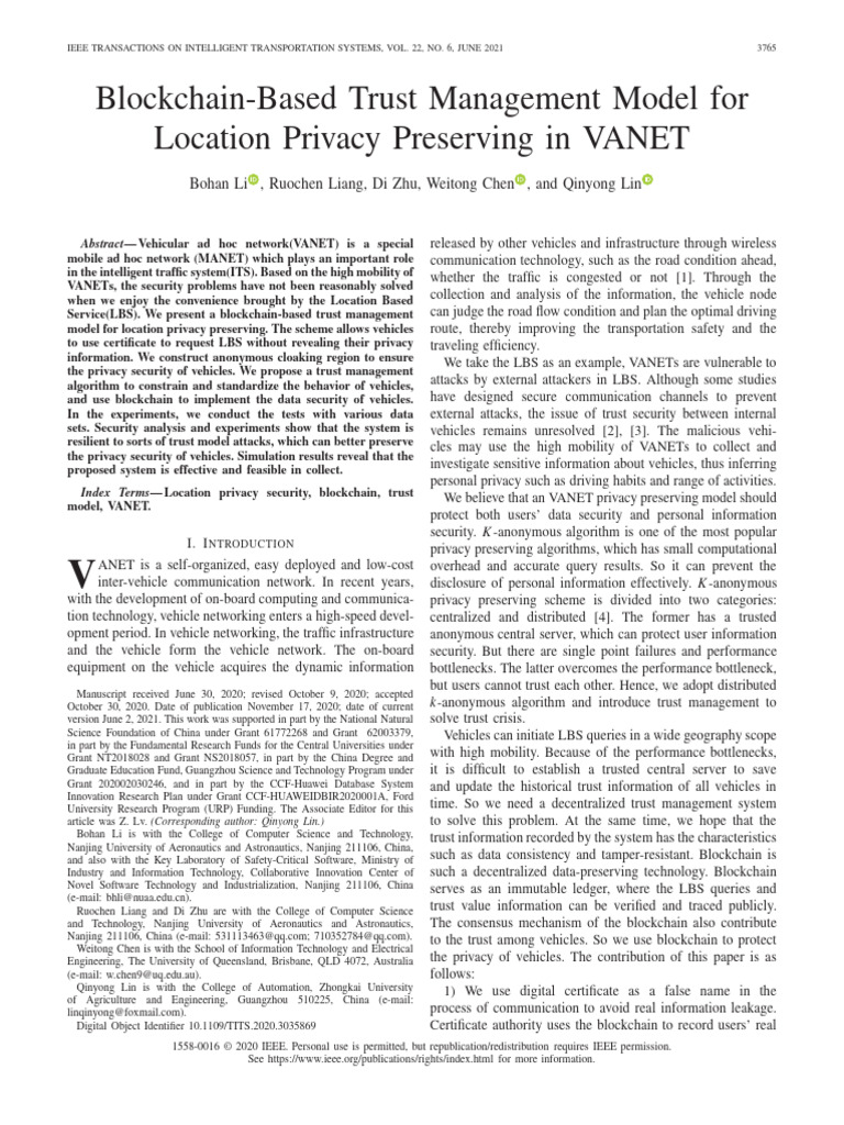 Blockchain-Based Trust Management Model For Location Privacy Preserving in VANET | PDF ...
