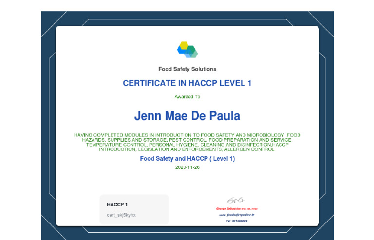 Certificate of Completion For Food Safety and Haccp Level 1 | PDF