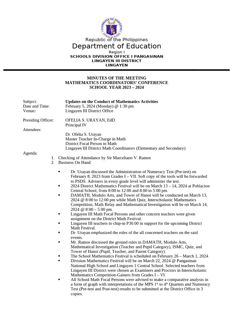 Minutes Math Meeting Feb | PDF | Communication | Mathematics