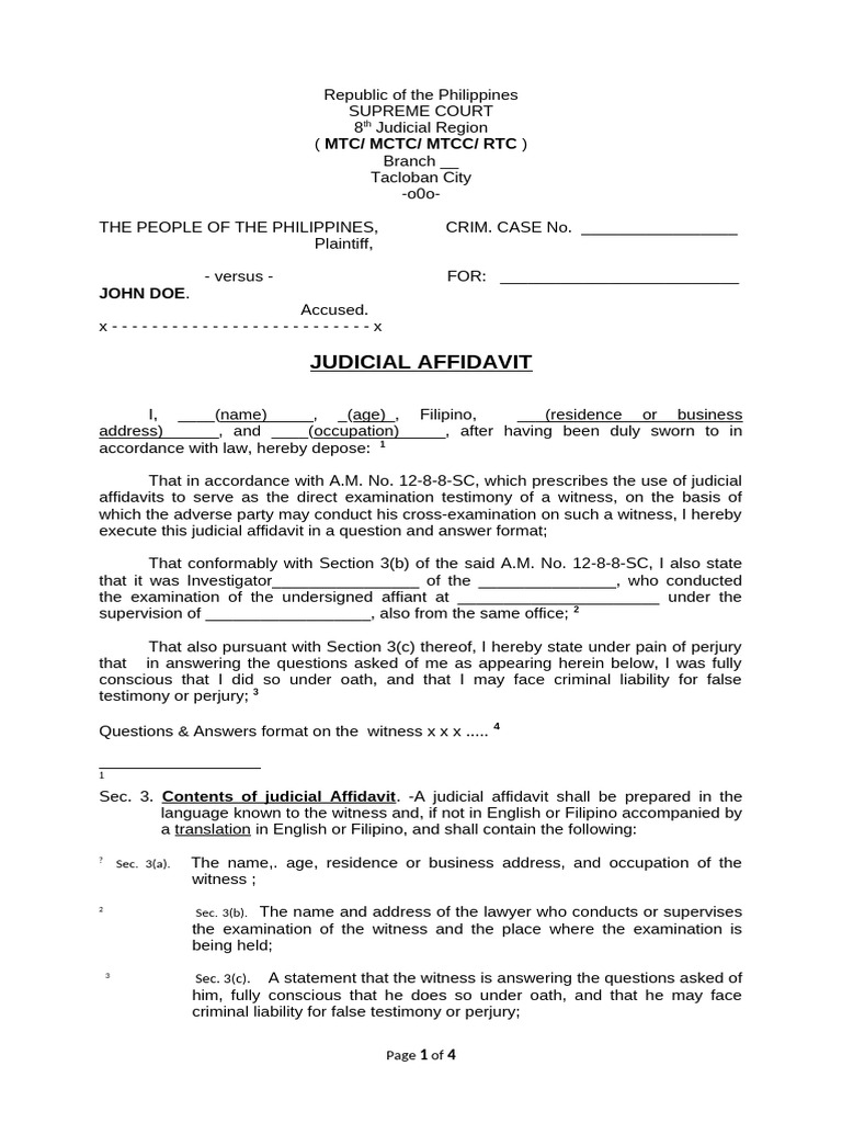Template - Judicial Affidavit For PNP & Operatives (MTC-MCTC-MTCC-RTC ...