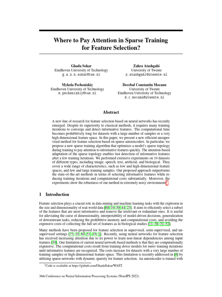 NeurIPS 2022 Where To Pay Attention in Sparse Training For Feature Selection Paper Conference ...