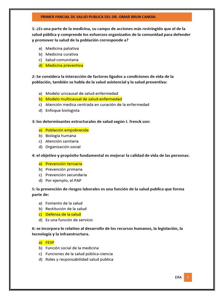 Banco de Preguntas Del DR - Brun | PDF | Asistencia sanitaria preventiva | Cuidado de la salud