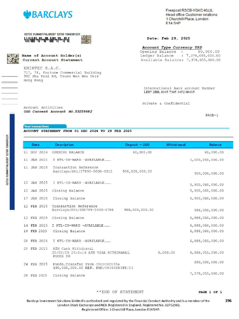 Barclays Bank Statement Emintec IA | PDF