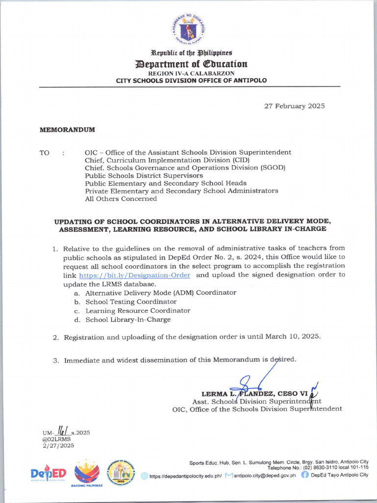 Updating of School Coordinators in Alternative Delivery Mode Assessment Leanring Resource and ...