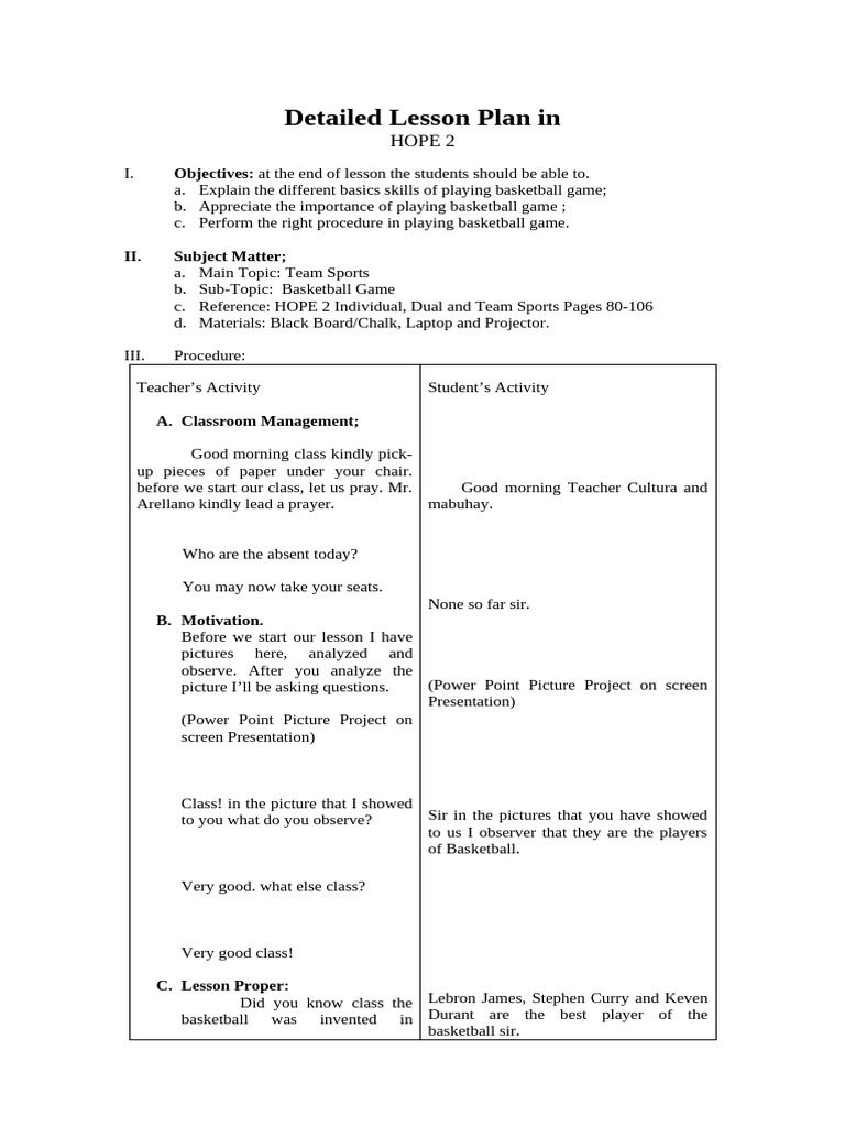 Detailed Lesson Plan in Basketball Grade 8 MAPEH | PDF | Athletic ...