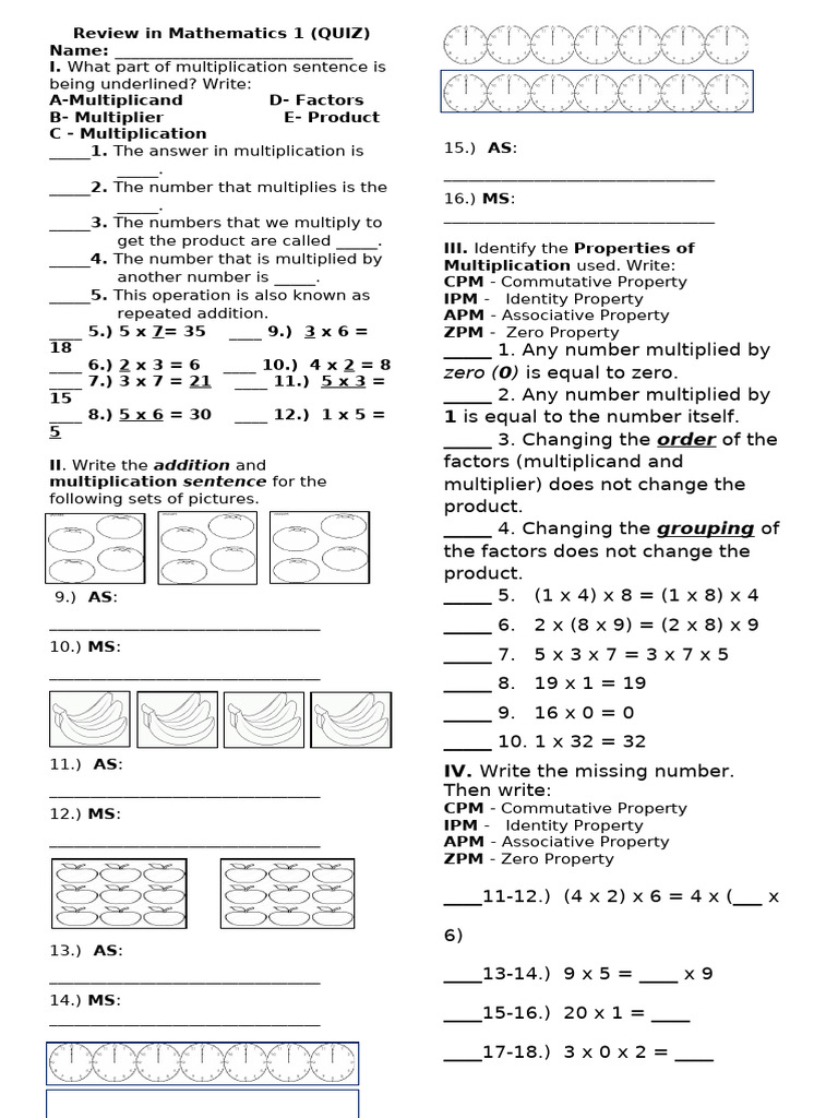 Jan. 27 Reviewer in Math 1 Quiz | PDF | Multiplication | Mathematical ...