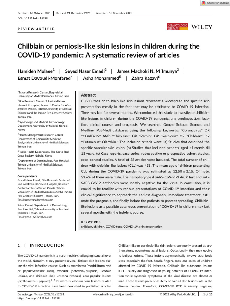 Dermatologic Therapy - 2022 - Molaee - Chilblain or perniosis‐like skin ...