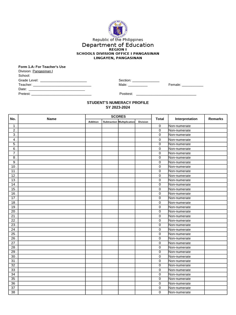 3 ASTER Numeracy Assessment Forms 2024 | PDF