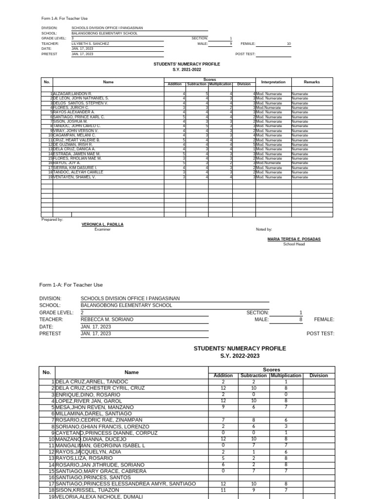 Numeracy Test Forms 2022 2023 BALANGOBONG ESGrade 3 | PDF | Reading ...