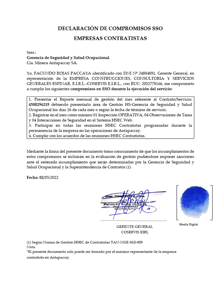 Declaración de Compromisos Sso Oc 4500296219 | PDF