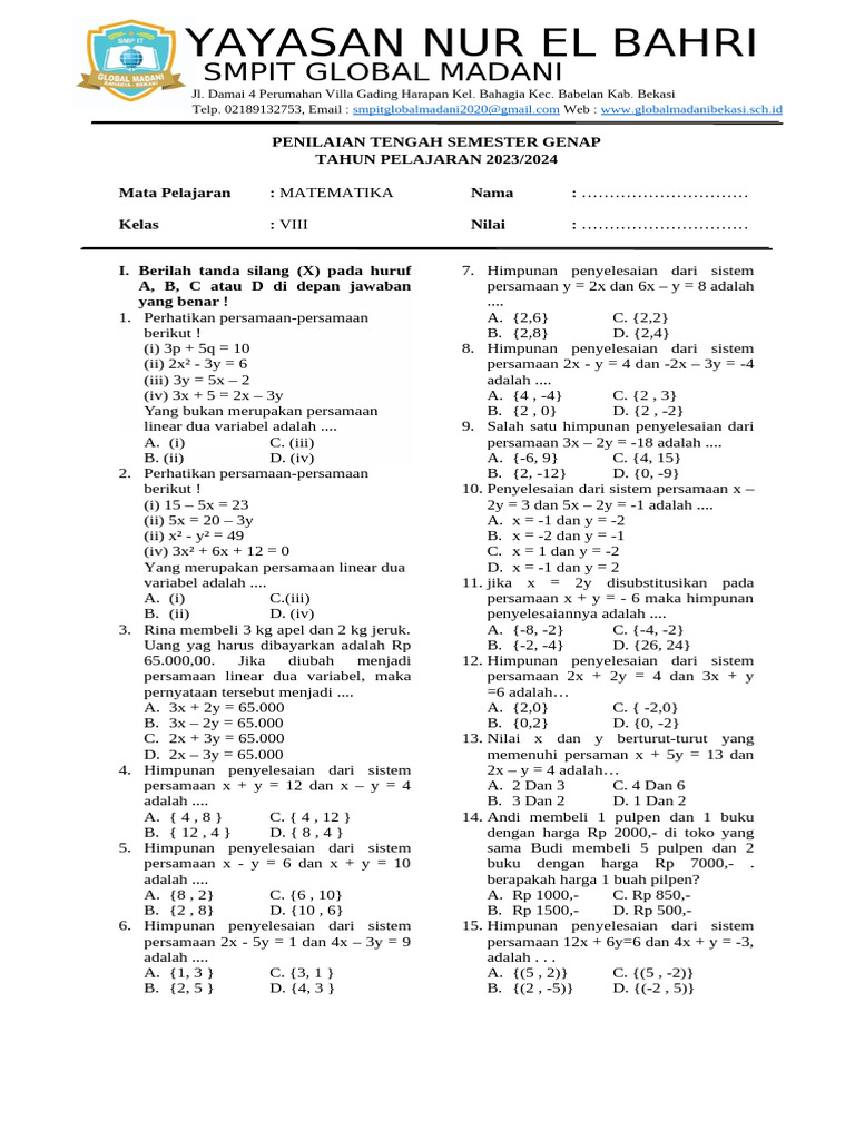 Soal PTS Ii MTK Kelas 8 | PDF