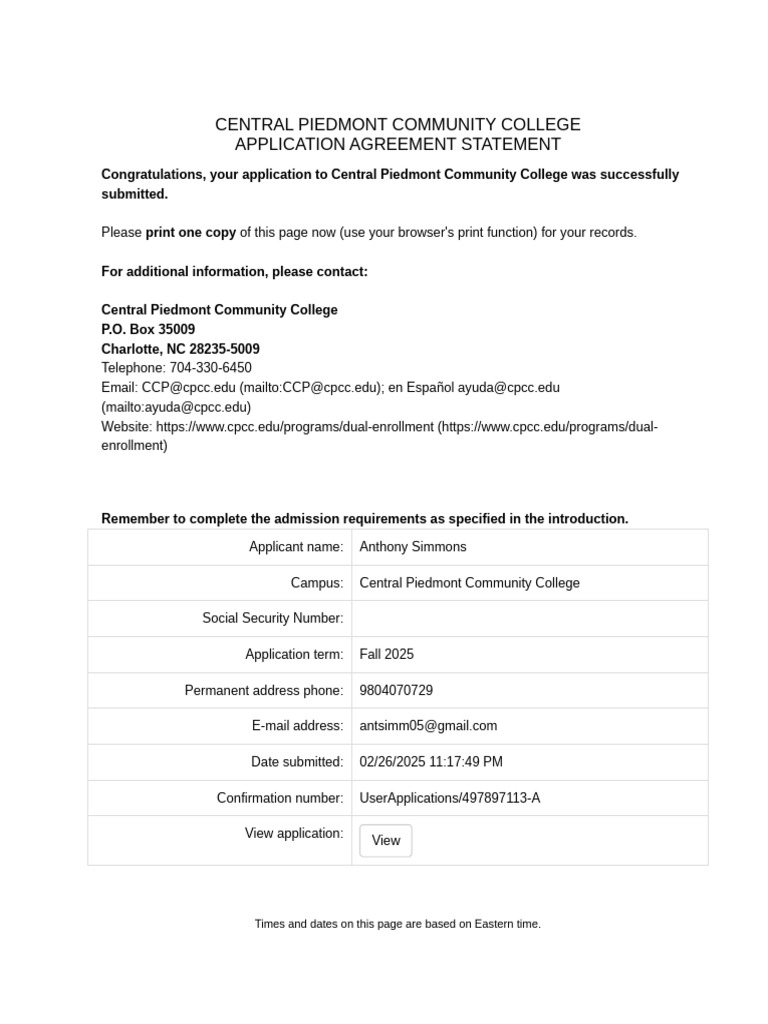 CPCC Fall 2025 Application Confirmation | PDF
