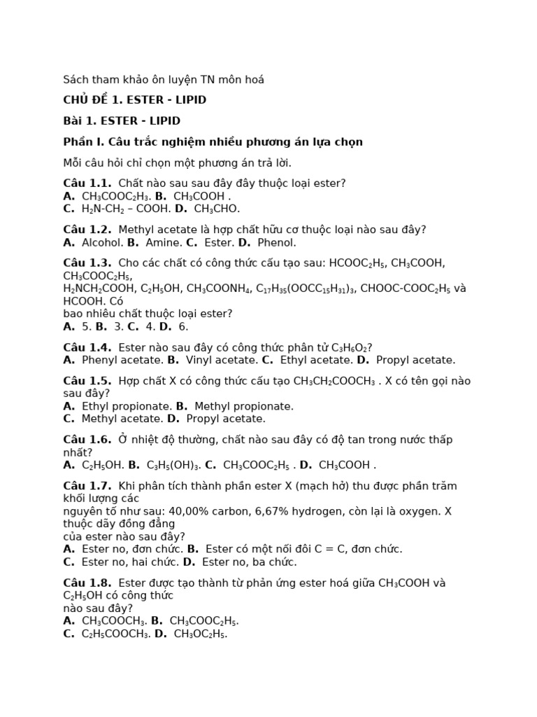 1 Chủ Đề 1. Ester - Lipid - Hs - | PDF