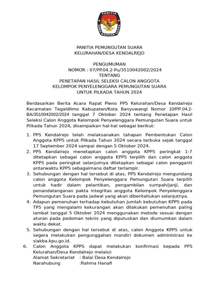 1 Pengumuman PPS Penetapan Hasil Seleksi KPPS | PDF