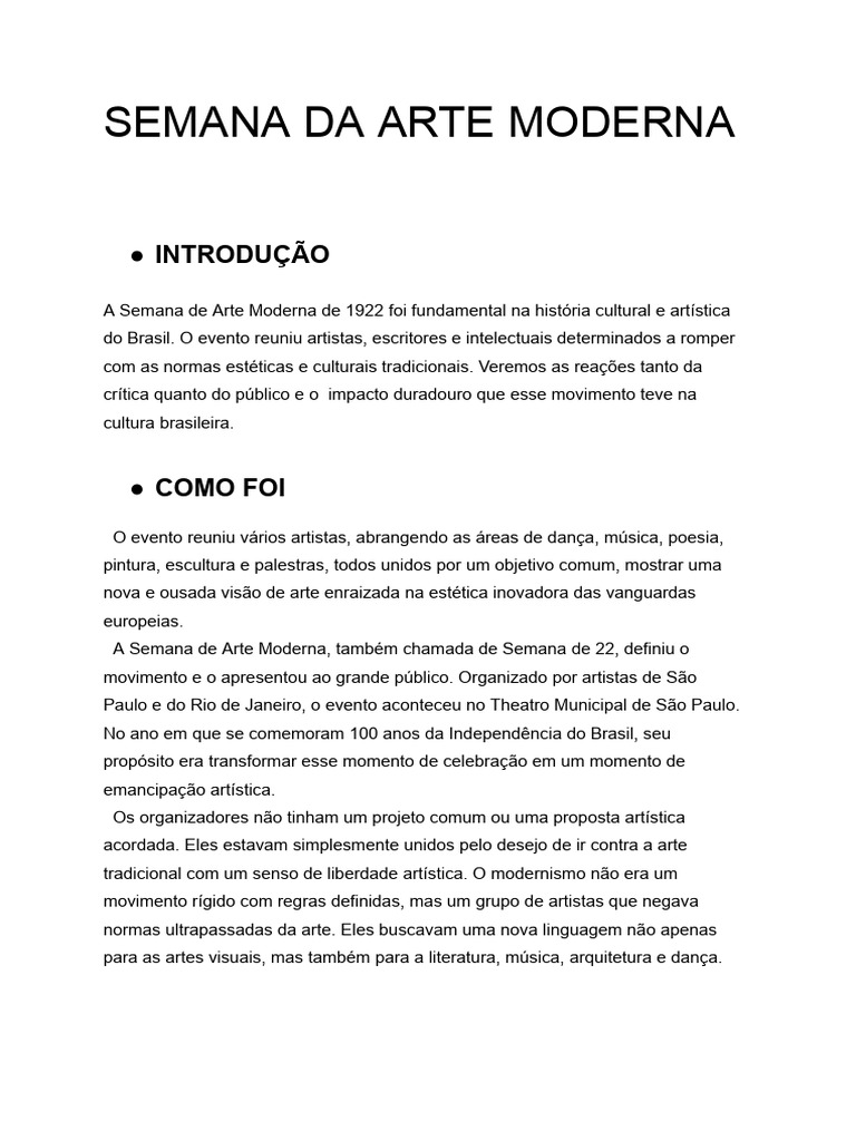 Impacto da Semana de Arte Moderna 1922 | PDF | Modernismo | Brasil