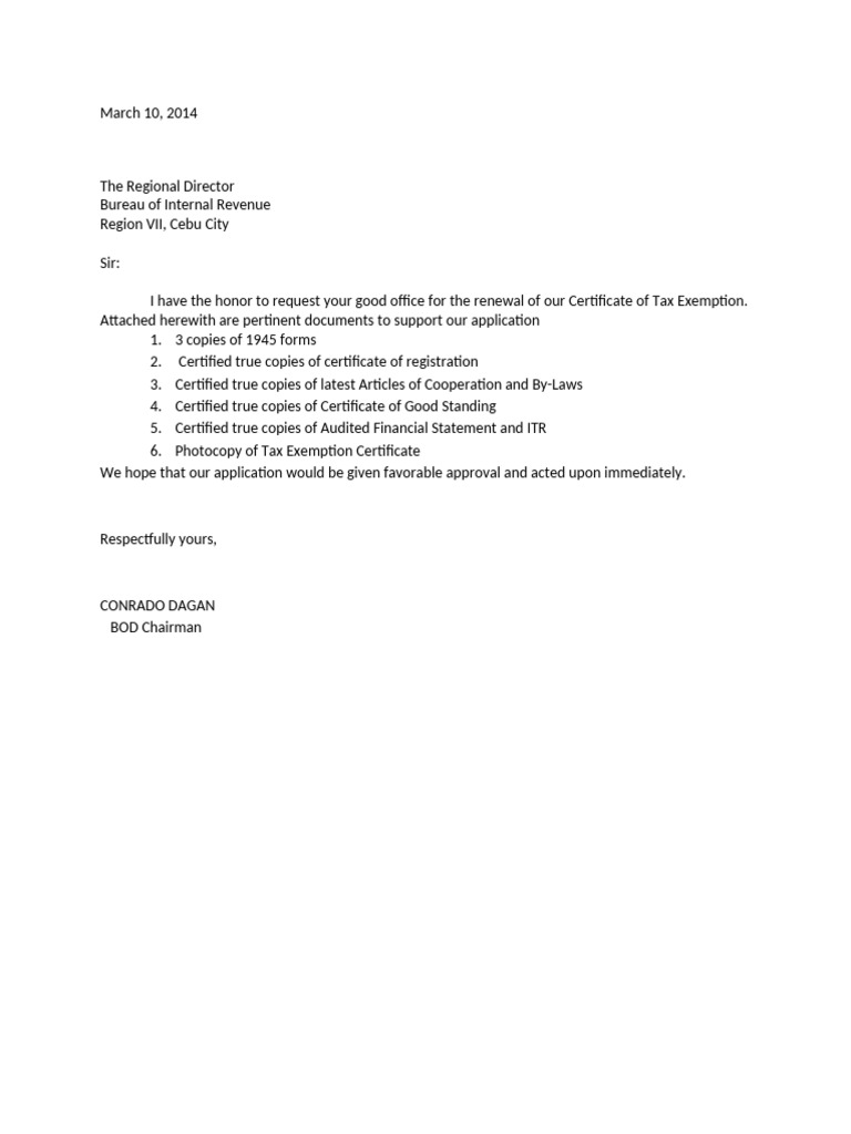 Letter Request To BIR For Tax Exemption | PDF